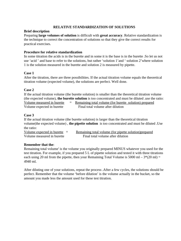 Standardisation Of Solutions Pdf Titration Chemistry