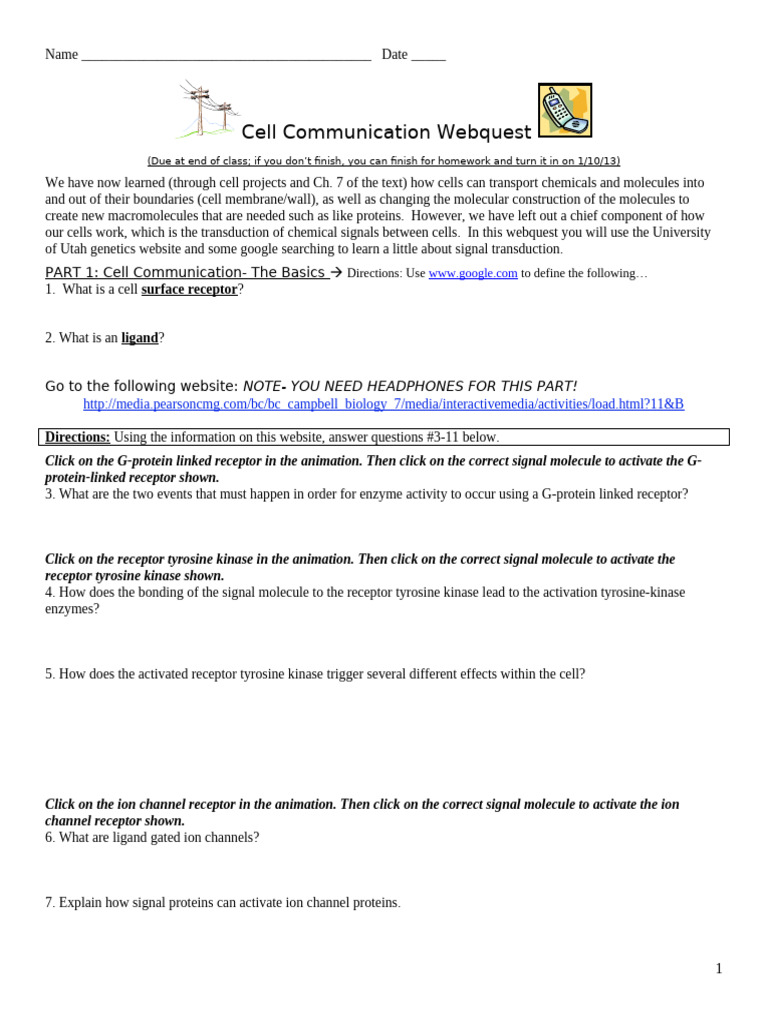 AP Bio Cell - Communication - Webquest (2) .Docx 1 | PDF | Cell ...