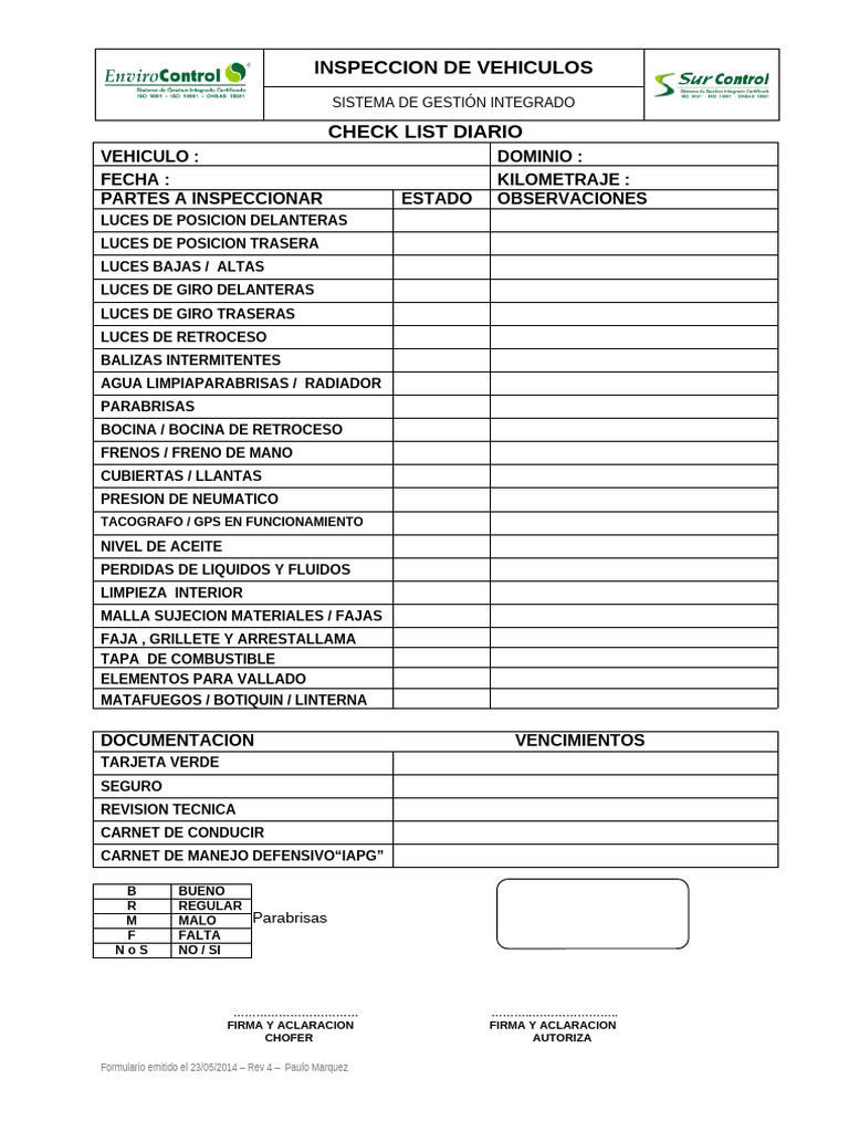 Planilla de Inspección Vehículo Diario R4 0514 | PDF | Tecnología