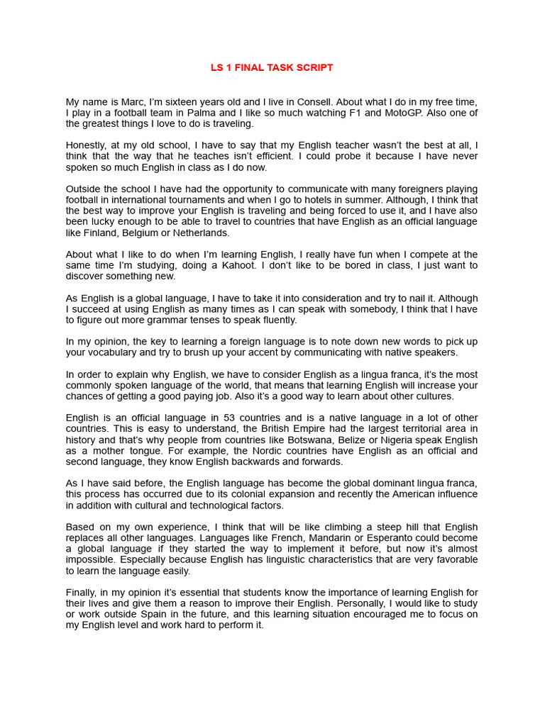 LS 1 Final Task Script | PDF | English Language | Languages