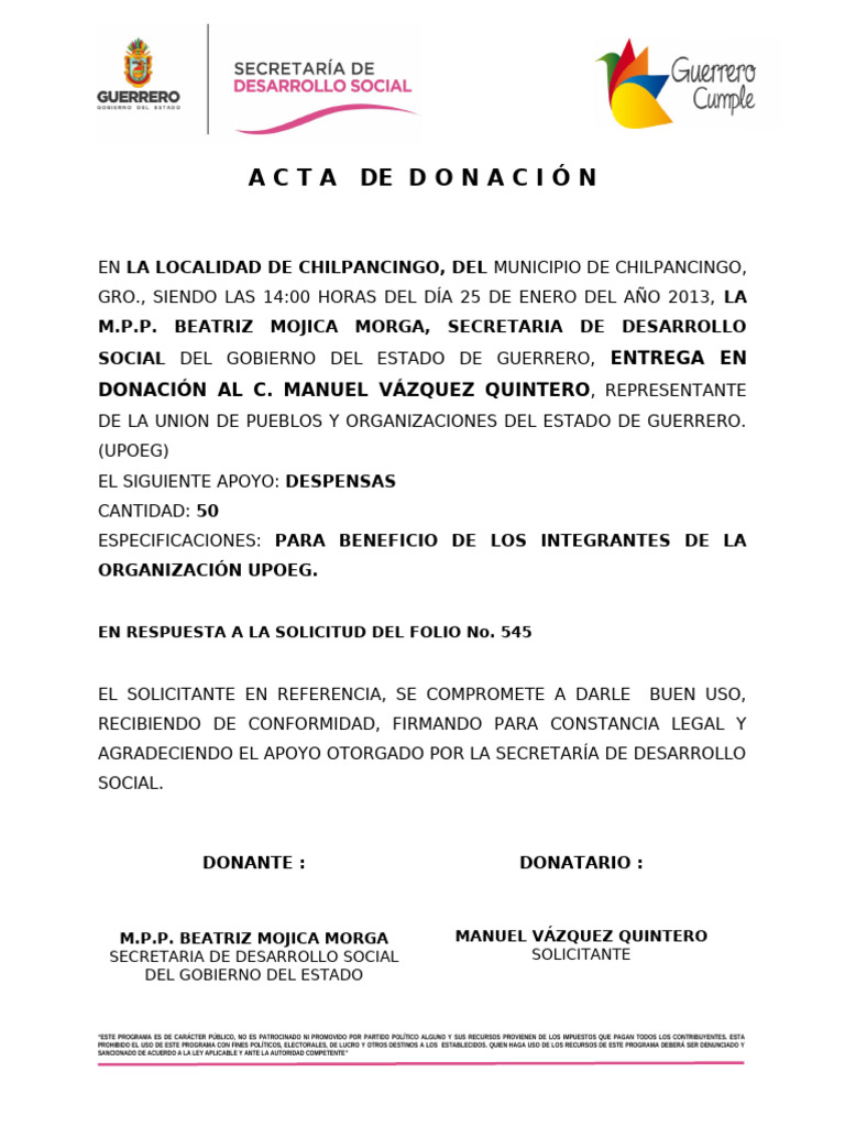 Actas De Donación En Guerrero 2013 Pdf Donación