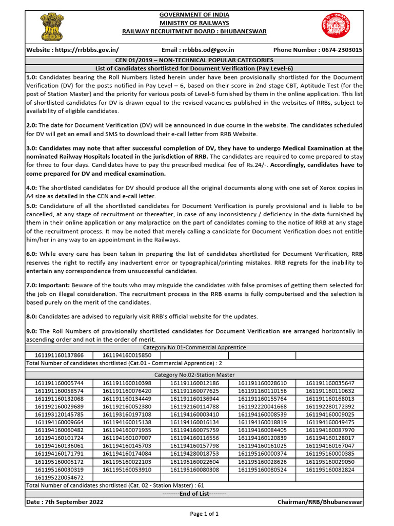 Shortlisted Candidates for DV - RRB Bhubaneswar | PDF
