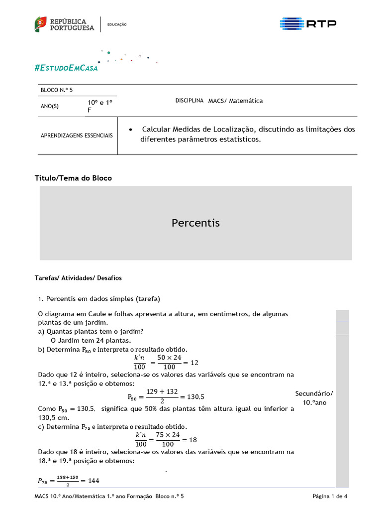 05 - MACS - 10.º Ano - Calcular e Interpretar Percentis | PDF