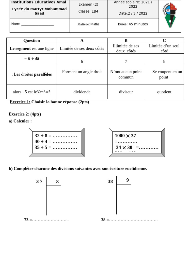 Examen de Maths EB4 - 2021/2022 | PDF | Mathématiques | Mathématiques ...