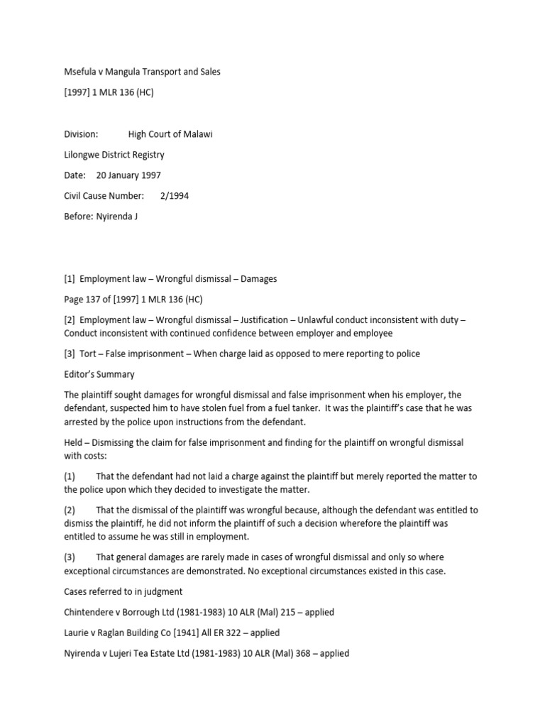 Msefula v Mangula: Wrongful Dismissal Case | PDF | Damages | Punitive ...