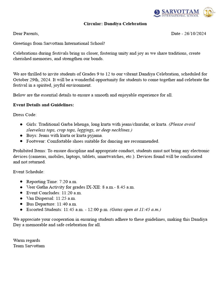 Circular - Dandiya Celebration 2024 MSH | PDF