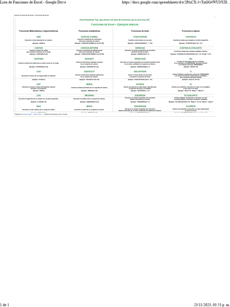 Lista de Funciones de Excel - Google Drive | PDF | Microsoft Excel ...