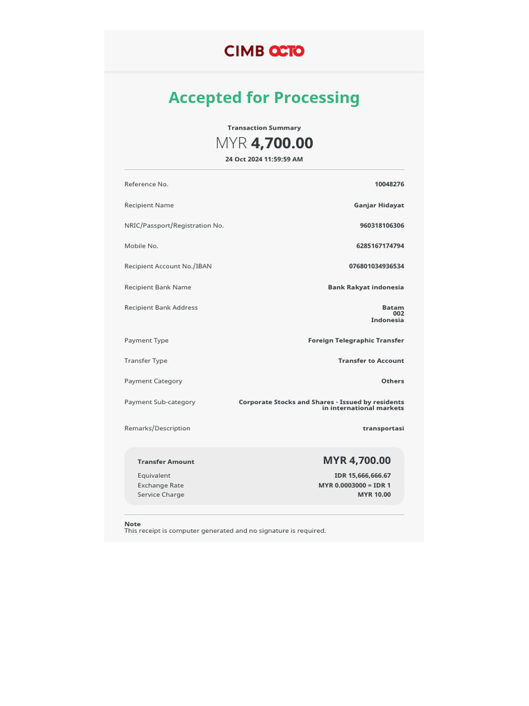 CIMB Foreign Transfer Receipt | PDF