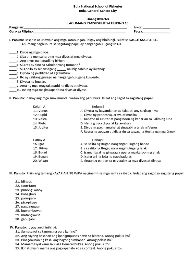 Q1 - Lagumang Pagsusulit - Fil 10 | PDF