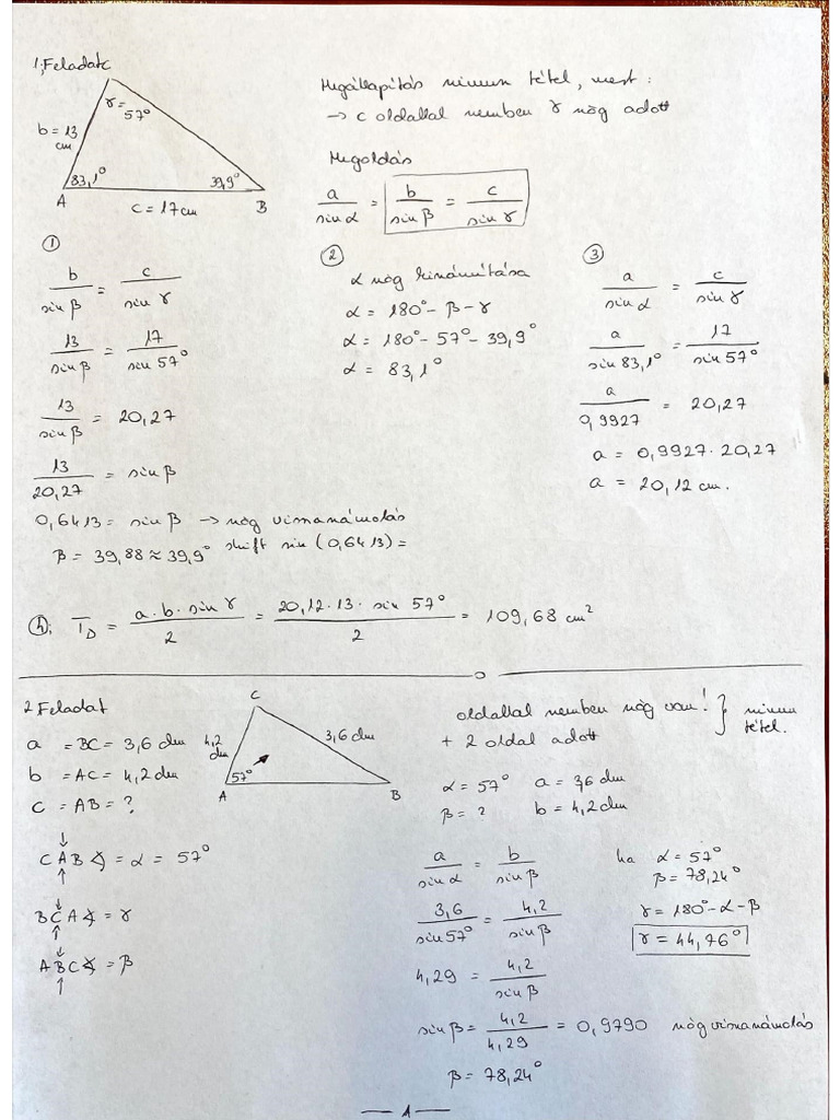 Matek Gyakorló Szinusz Tétel Koszinusz Tétel | PDF