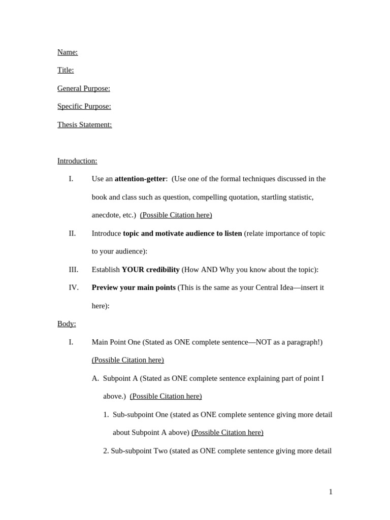 Basic Informative Speech Outline Template Pdf Citation Human