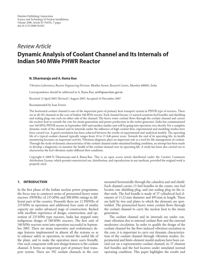 Dynamic Analysis of Coolant Channel and Its Internals of Indian 540 MWe PHWR Reactor | PDF ...
