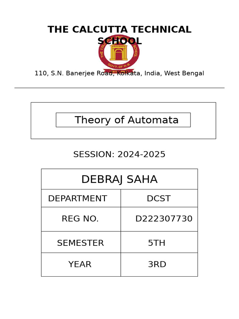 Name - Debraj Saha Reg - No. - D222307730 Sub.-Theory of Automata | PDF | Mathematics | Theory ...