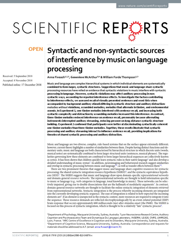 Syntactic and Non-Syntactic Sources of Interference by Music On Language Processing | PDF ...