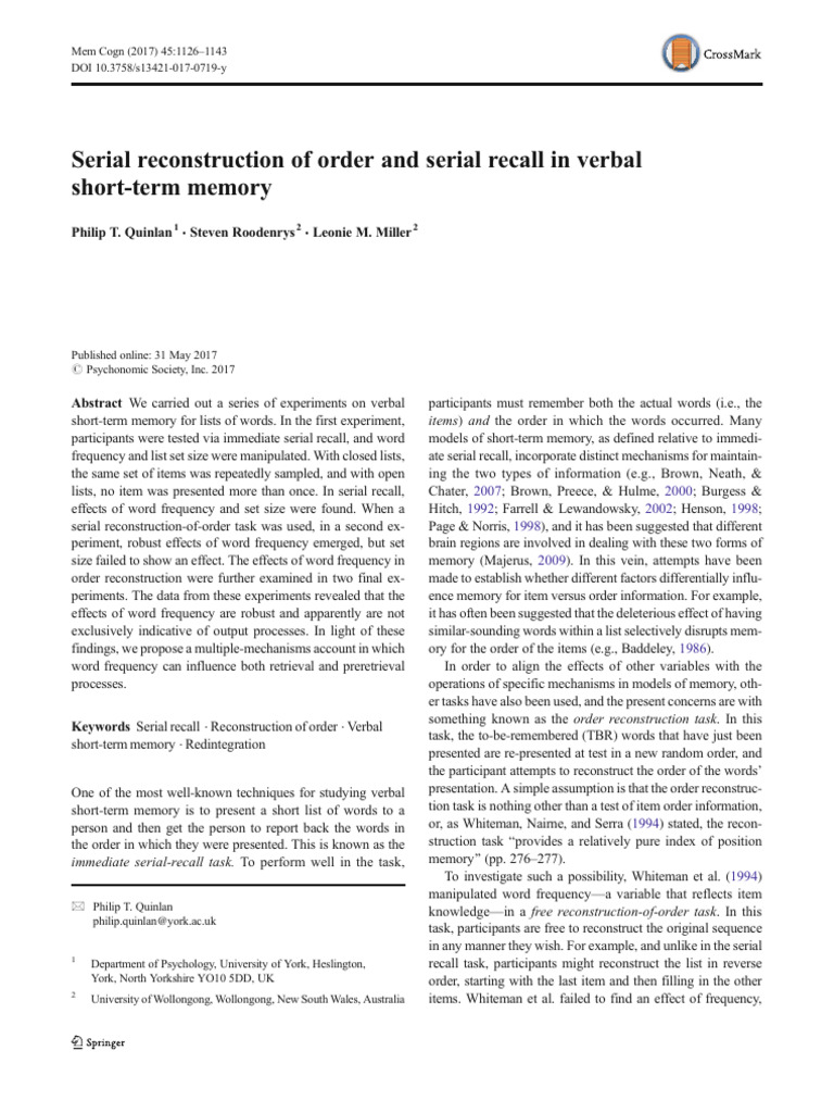 Serial Reconstruction of Order and Serial Recall in Verbal Short-Term Memory | PDF | Analysis Of ...