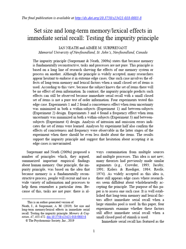 Neath & Surprenant (2019) (1) Asda | PDF | Recall (Memory) | Memory