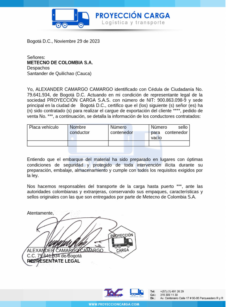 Formato Cargue - Metecno | PDF