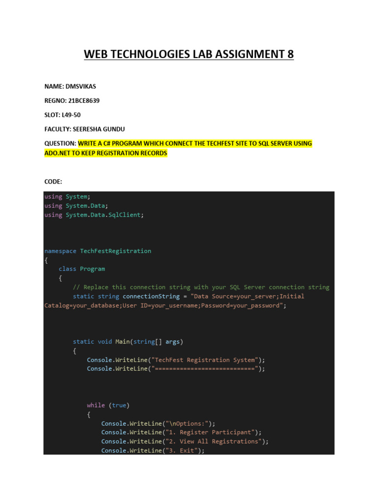 21bce8639 Web Technologies Lab Assignment 8 Pdf C Sharp Programming Language Data Management