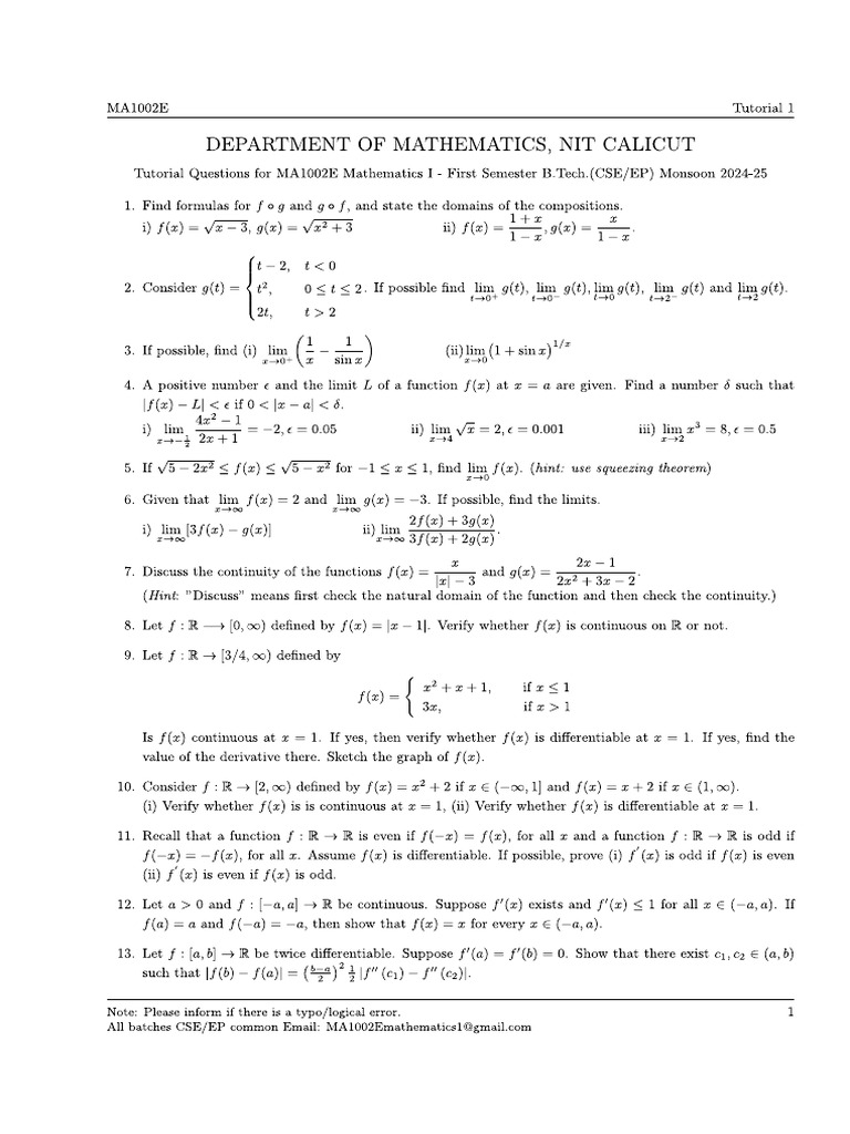 Tutorial Sheet 1 | PDF