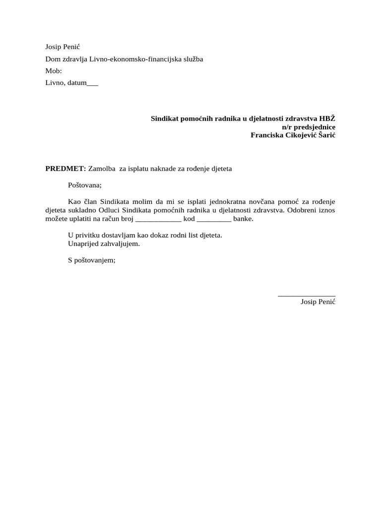 Zamolba Za Naknadu | PDF