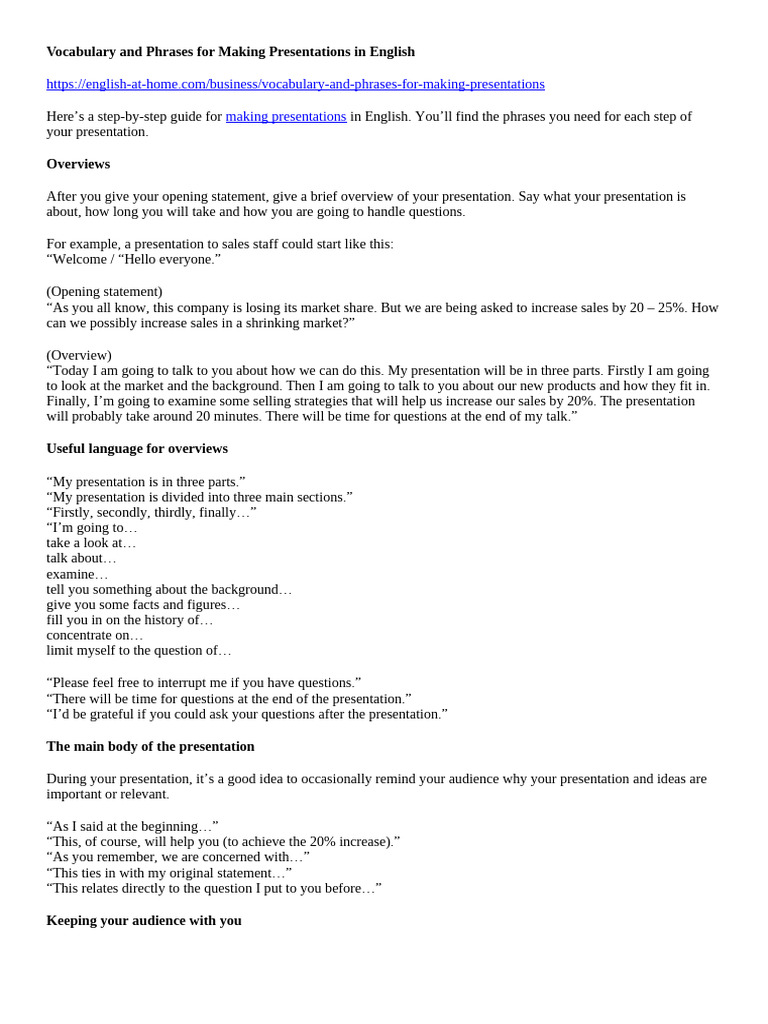Vocabulary and Phrases For Making Presentations in English | PDF ...