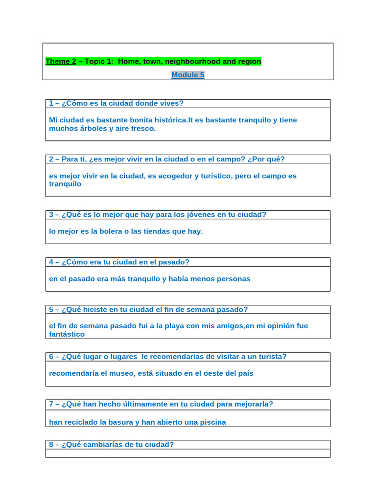 Theme 2 Module 5 Ciudades | PDF | Estudios de idiomas extranjeros