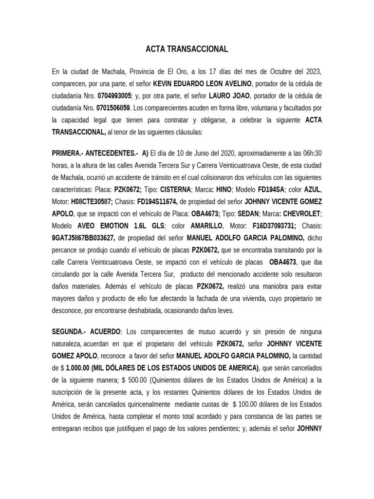 Acta Transaccional | PDF | Derecho