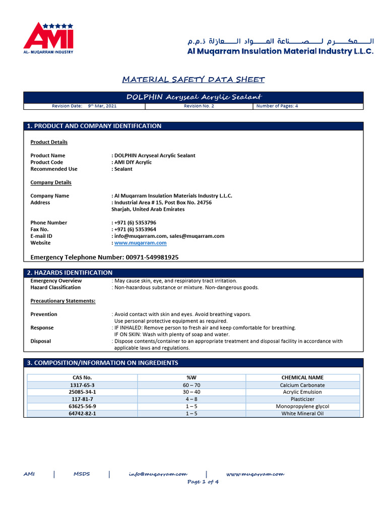 DOLPHIN Acryseal Acrylic - MSDS | PDF | Personal Protective Equipment | Water