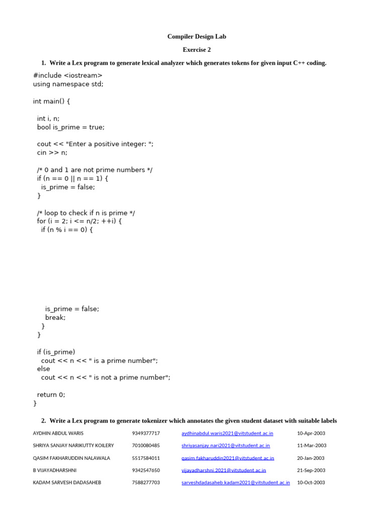 Compiler Design Lab Ex2 | PDF | Computers
