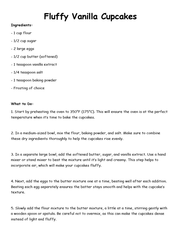Fluffy Vanilla Cupcakes Instruction Text Worksheet | PDF | Cupcake ...
