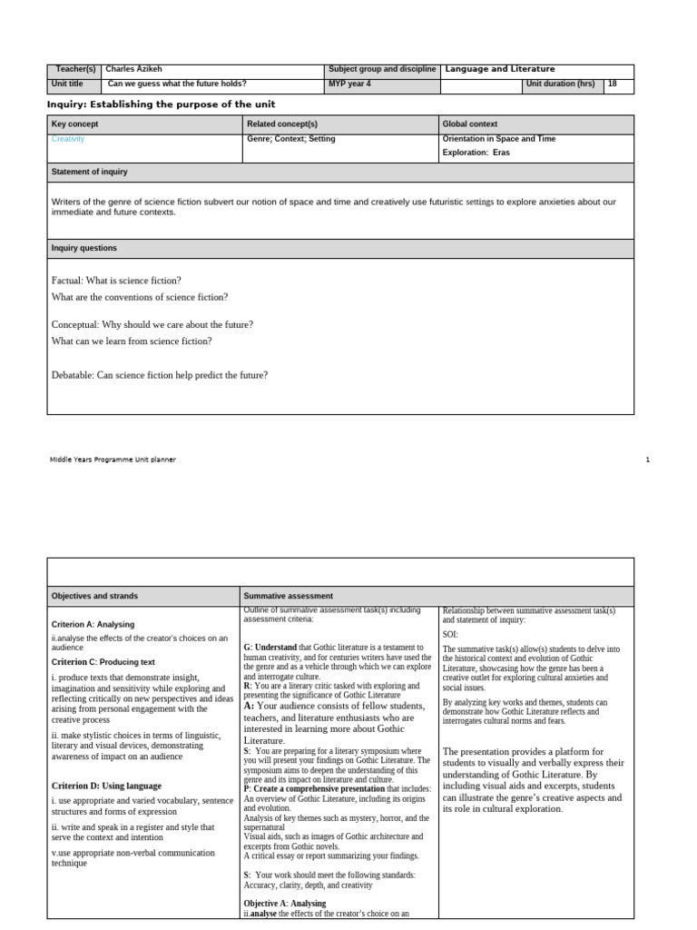 Exploring Gothic Literature in MYP 4 | PDF | Educational Assessment ...