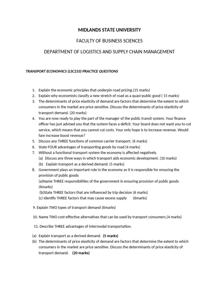 Transport Economics Practice Questions | PDF