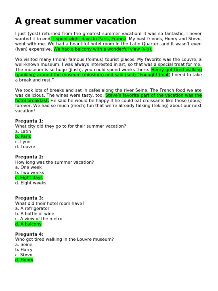 Reading - A Great Summer Vacation | PDF | Art