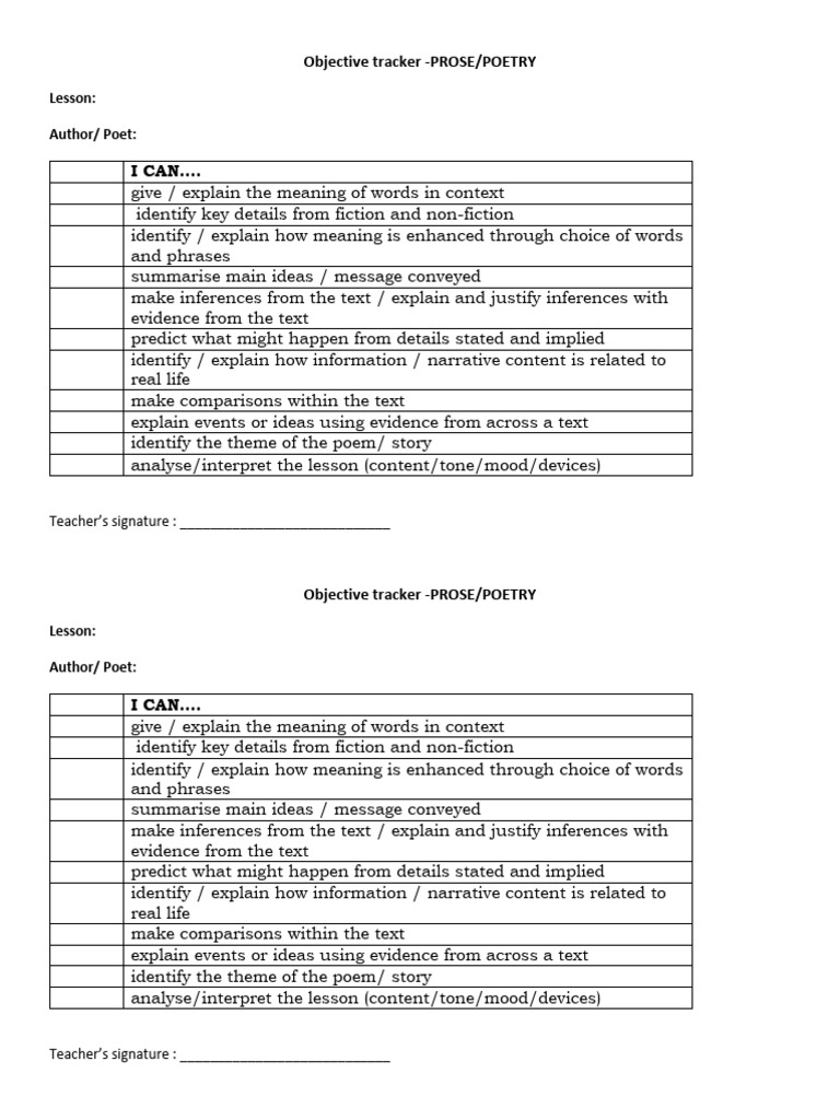 Prose and Poetry Objective Tracker | PDF | Language Arts & Discipline