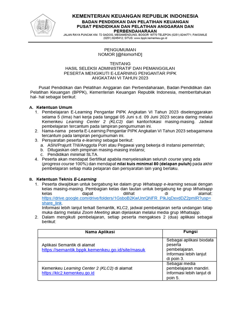 Draft Pengumuman E-Learning Pengantar PIPK 6 2023 | PDF