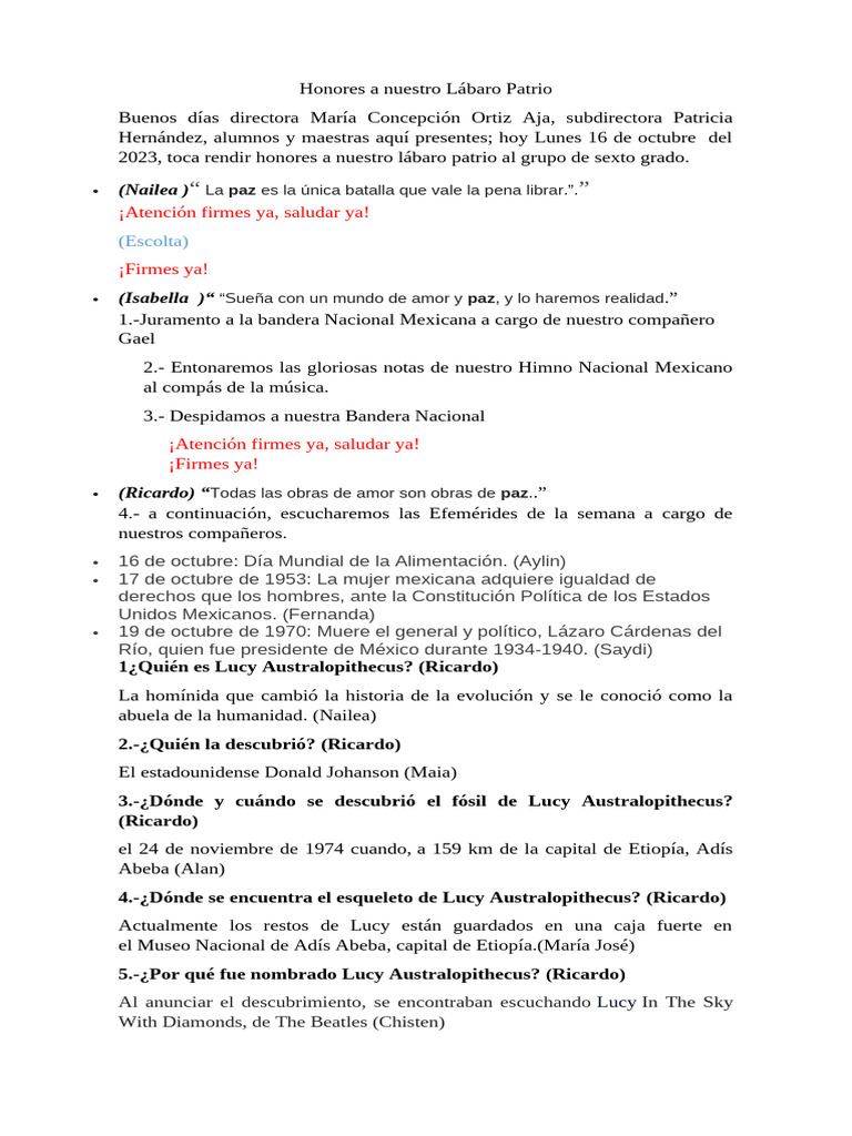 Honores y Efemérides Escolares | PDF