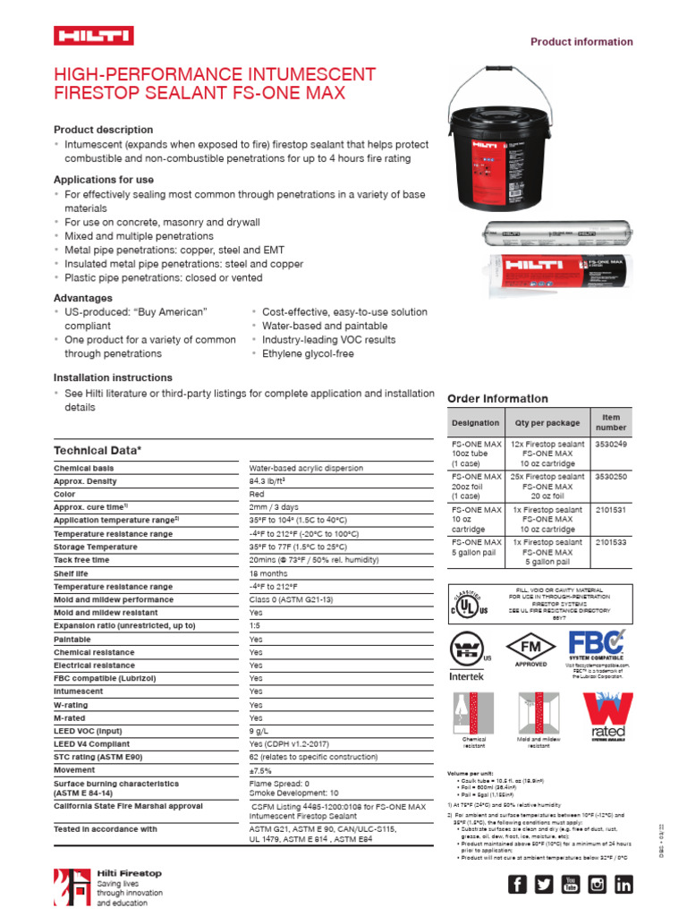 Hilti FS One Max TDS | PDF | Building Technology | Building Materials