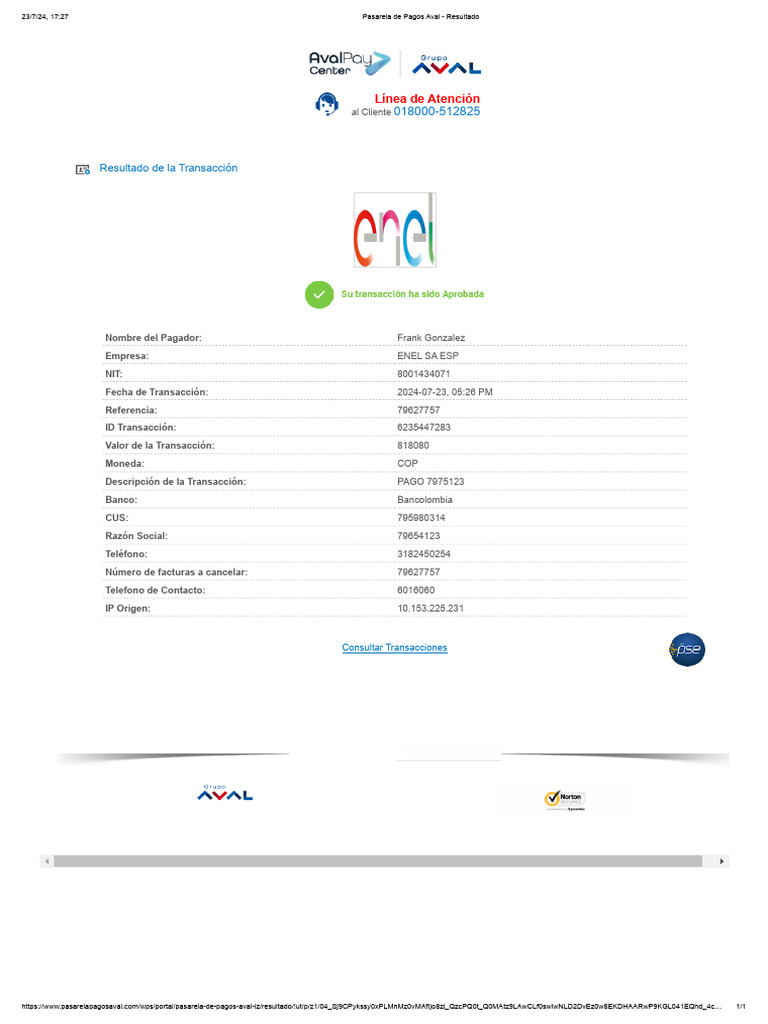 Pago Factura Enel 23jul2024 Bancolombia | PDF