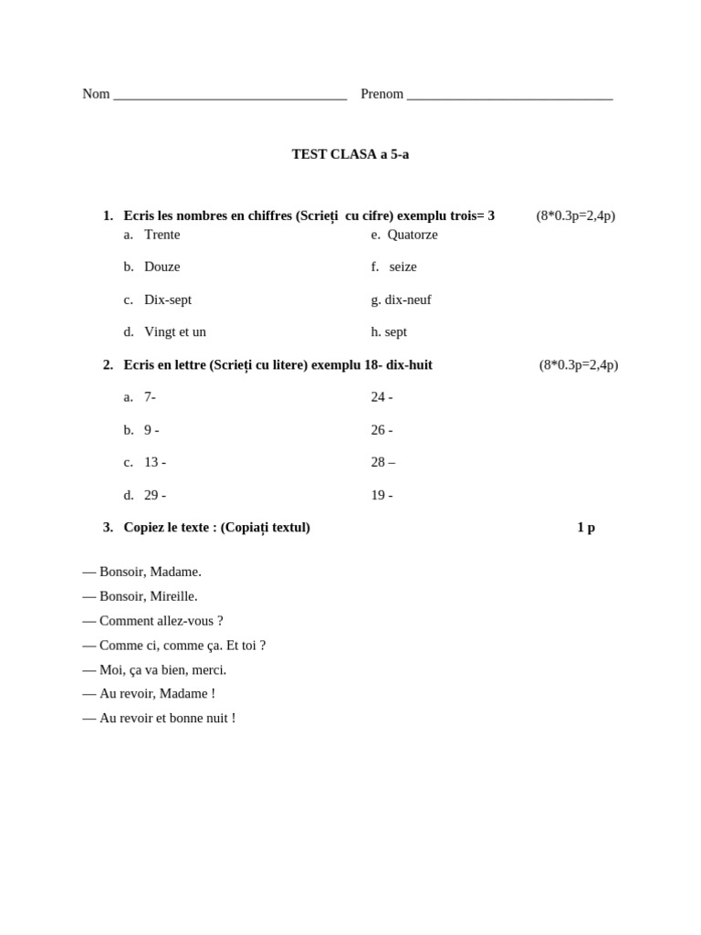 Test de français pour la classe 5 | PDF