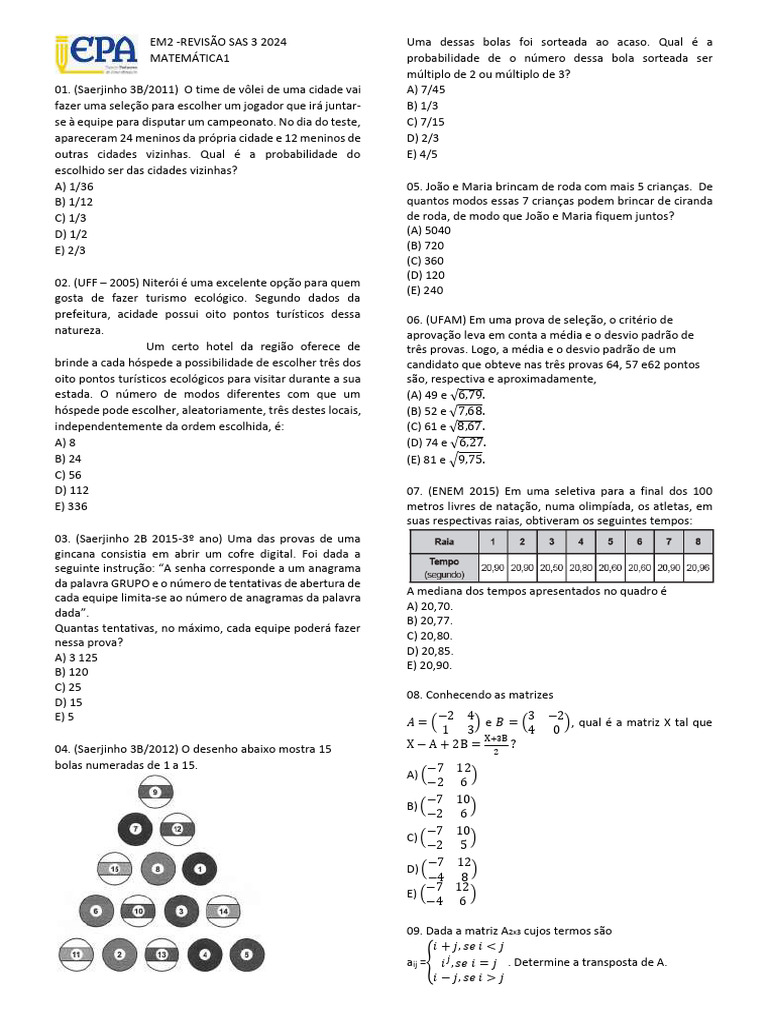 EM2 REVISÃO SIMULADO SAS 3 2024 Aluno | PDF