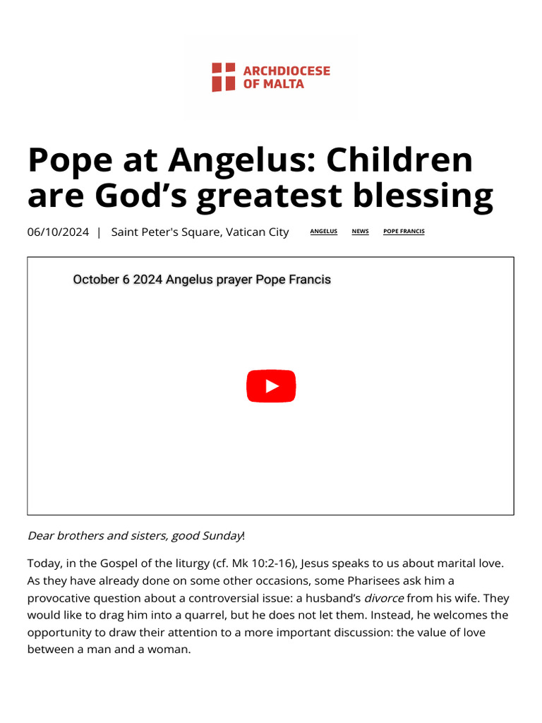 Pope at Angelus: Children Are God's Greatest Blessing - Archdiocese of ...