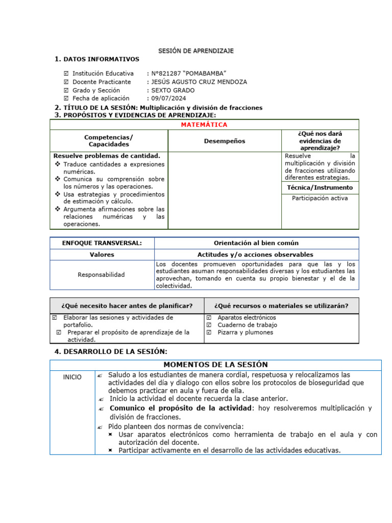 Sesion #02 de Matematica - Multiplicacion y Divicion de Fracciones Mod | PDF | Aprendizaje ...