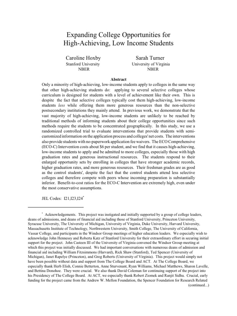 Expanding College Opportunities For High-Achieving, Low Income Students ...