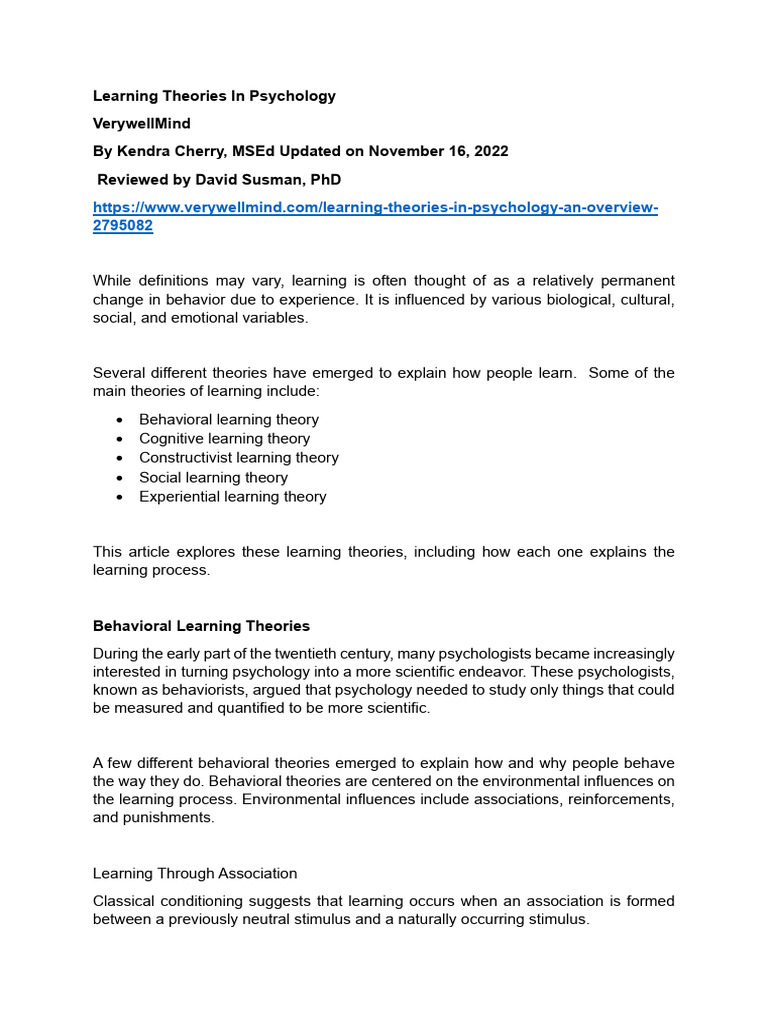 1 Learning Theories | PDF | Learning | Behaviorism