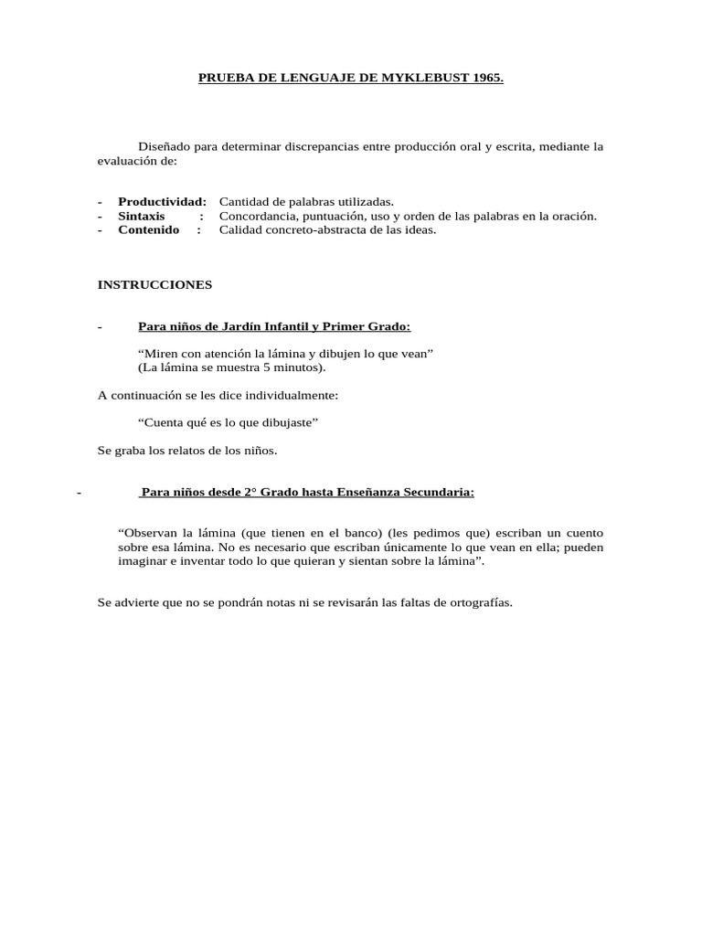 Evaluación de Lenguaje Myklebust 1965 | PDF | Narración