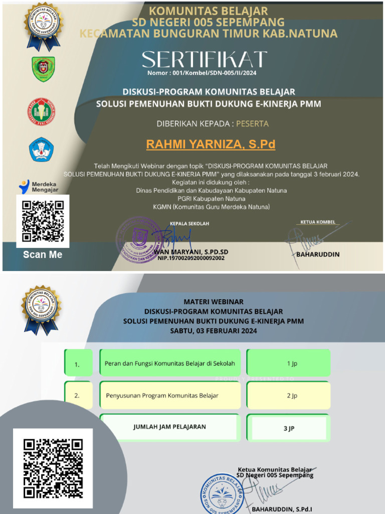 E-Sertifikat A.N RAHMI YARNIZA, S.PD Topik Penyusunan Program Kombel | PDF
