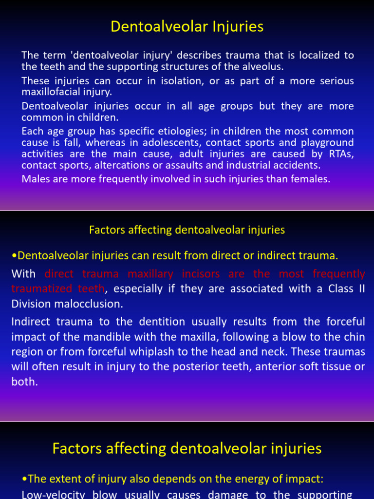 Lec.6 Dentoalveolar & Soft Tissue Injuries | PDF | Human Tooth | Wound