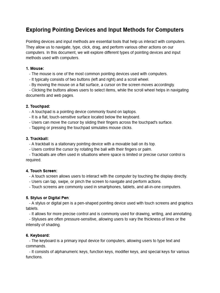Exploring Pointing Devices and Input Methods For Computers | PDF