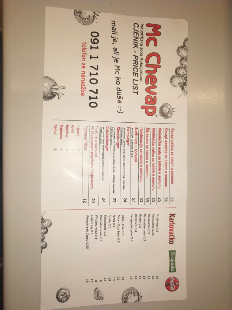 Fast Food MC CHEVAP Jelovnik | PDF