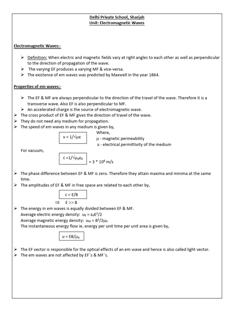 Em Waves Notes | PDF | Electromagnetic Radiation | Waves